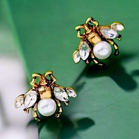 Jewelry | Bumble Bee Pearl Crystal And Gold Stud Earrings | Poshmark